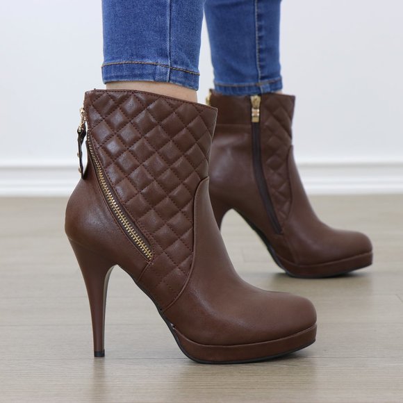 Shoes | Brown Quilted Platform High Heel Ankle Boots | Poshmark